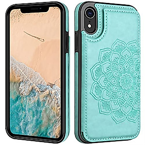 MMHUO for iPhone XR Case with Card Holder, Flower Magnetic Back Flip Case for iPhone XR Wallet Case for Women, Shockproof Protective Case Full Cover Phone Case for iPhone XR,Mint