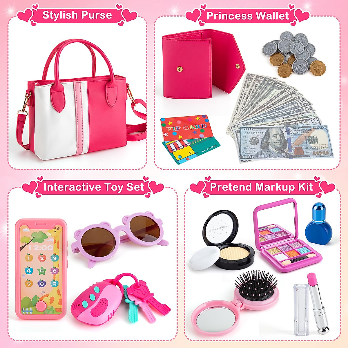 Juboury Play Purse for Little Girls, Pretend Play Accessories with Wallet, Toy Phone, Credit Card, Keys, Princess Pretend Makeup Girl Toys for 3 4 5 6 7 8 Years Old