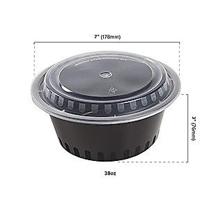 AmerCare 7 Inch Round Black Plastic Containers with Lids, 38 Ounces for Microwave or Freezer, Pack of 150