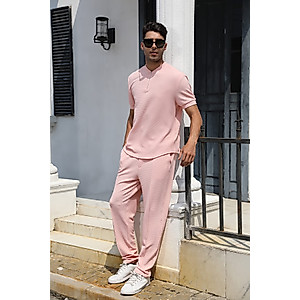 FZNHQL 2023 Men's Sports Clothing Casual Tracksuit Set 2 Piece Outfits Polo Shirt Athletic Pants Track Suit for Men Fashion Sweatsuit Set Pink XL