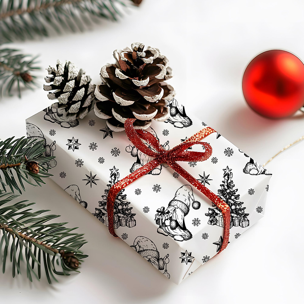 SaringSwoon Black White Christmas Wrapping Paper for Kids - Holiday Gift Wrap With Gnome, Reindeer, Snowman, Farmhouse, Xmas Tree Winter Designs - 40×28 Inches, 6 Folded Jumbo Sheets