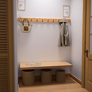 SKOLOO Wood Coat Rack Wall Mounted,10 Peg Long Bamboo Hook for Hanging Backpack Coat Towel Hat,16'' Hole to Hole,Natural