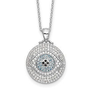 17mm 925 Sterling Silver Rhodium Plated Created Blue Spinel and CZ Evil Eye Necklace 18 Inch Jewelry for Women