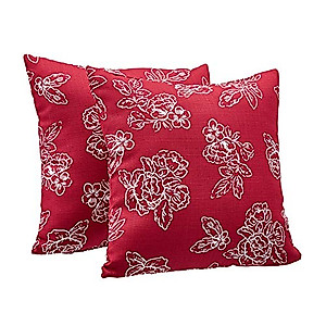 Amazon Basics 2-Pack Linen Style Decorative Throw Pillows - 18" Square, Classic Red Floral