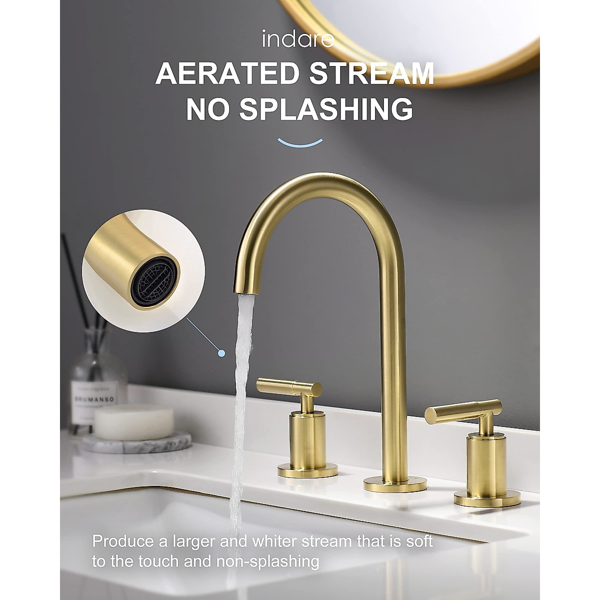 Brushed Gold Bathroom Faucet, Indare Two Handles 360° Swivel Spout Widespread 4Inch 8Inch Brass Bathroom Sink Faucet 3 Hole with Pop-Up Drain and Water Supply Lines, Upgraded Style