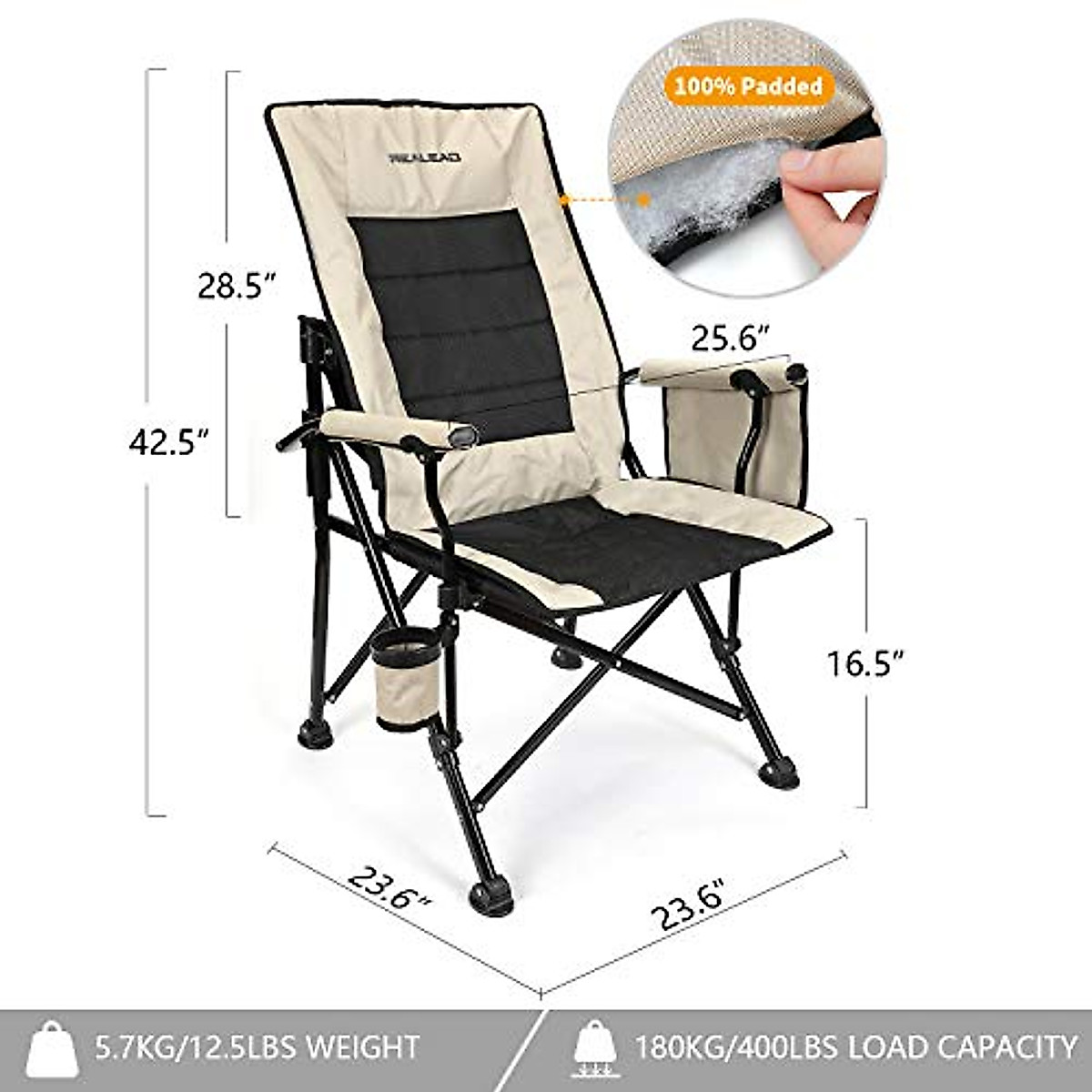 Realead Oversized Camping Chairs Heavy Duty Folding Chair Padded Support 400 LBS,Portable Outdoor Lawn Chairs with Cup Holder,Adjustable High Back Beach Camp Chair with Lumbar Back Support for Outside