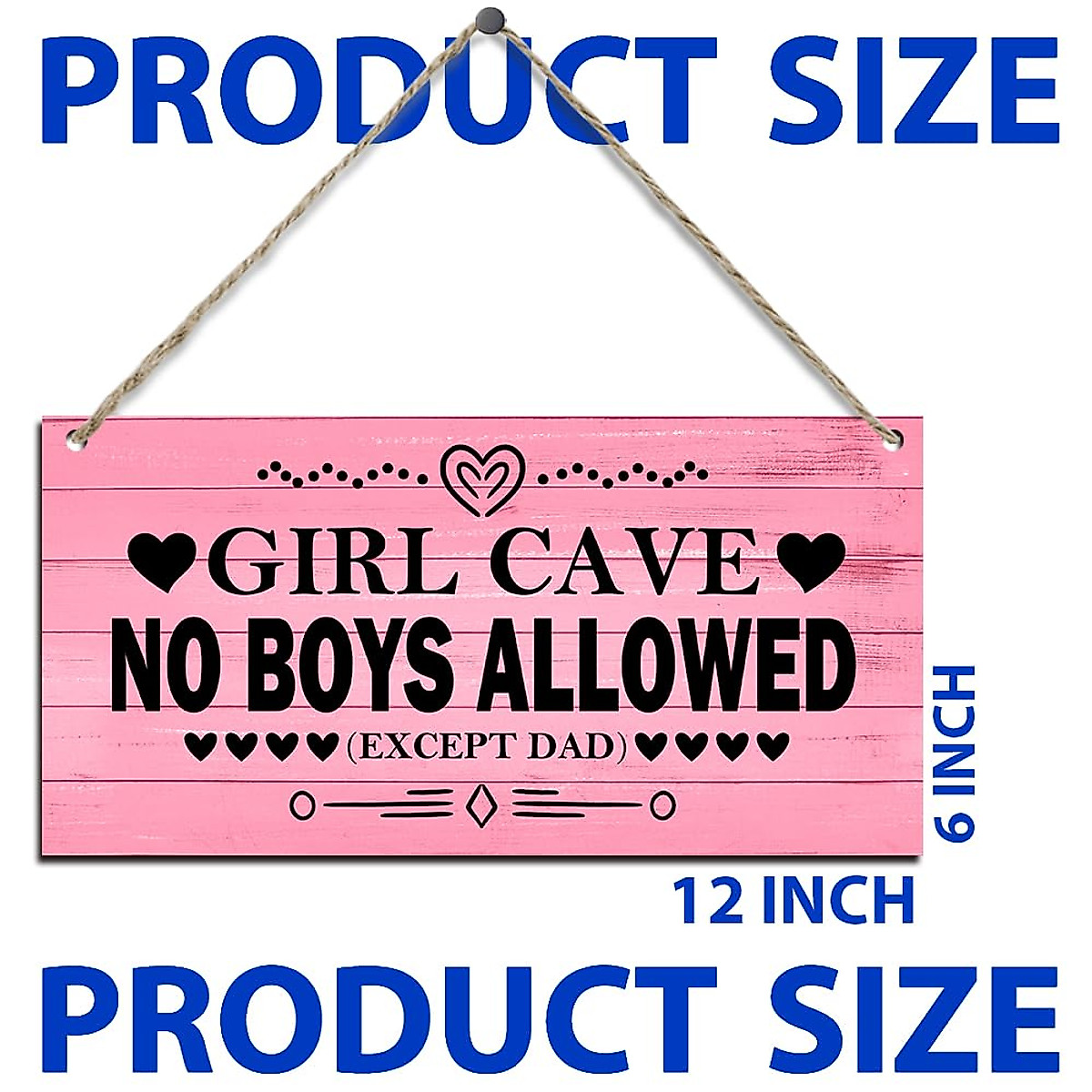 Pink Little Girl Cave Hanging Wooden Sign No Boys Allowed (Еxcept Dad) Quote Plaque Hanging Wall Art Decor for Nursery Kids Toddler Girls Bedroom Playroom Living Room Decorations 12''X 6'' (J690)