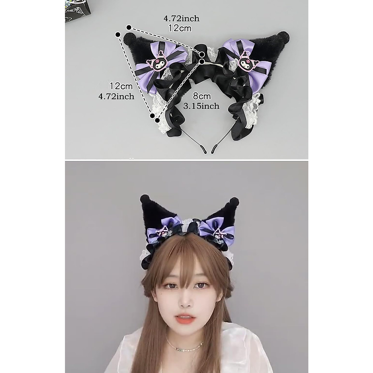 WW-WONDERFULWORLD Cat Ears Headband With Bows & Lace Ribbons, Lolita Headwear for Kuromi Cartoon Costume Cosplay Party for Kids & Women Girls Kids, (Soft Faux Fur Plush Fox Ears), KLM