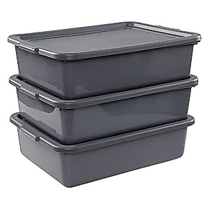 Zopnny Pack of 3 Plastic Bus Tub, Commercial Bus Box with Lid, Grey