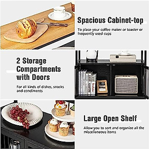 GLOBALWAY Buffet Storage Cabinet, Coffee Station Sideboard with Open Shelve & 2-Door Cabinet, Modern Metal Console Table for Home, Cafe, Natural and Black