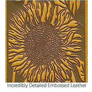 Oberon Design Sunflower Embossed Genuine Leather Checkbook Cover, 3.5x6.5 Inches, Marigold, Made in the USA