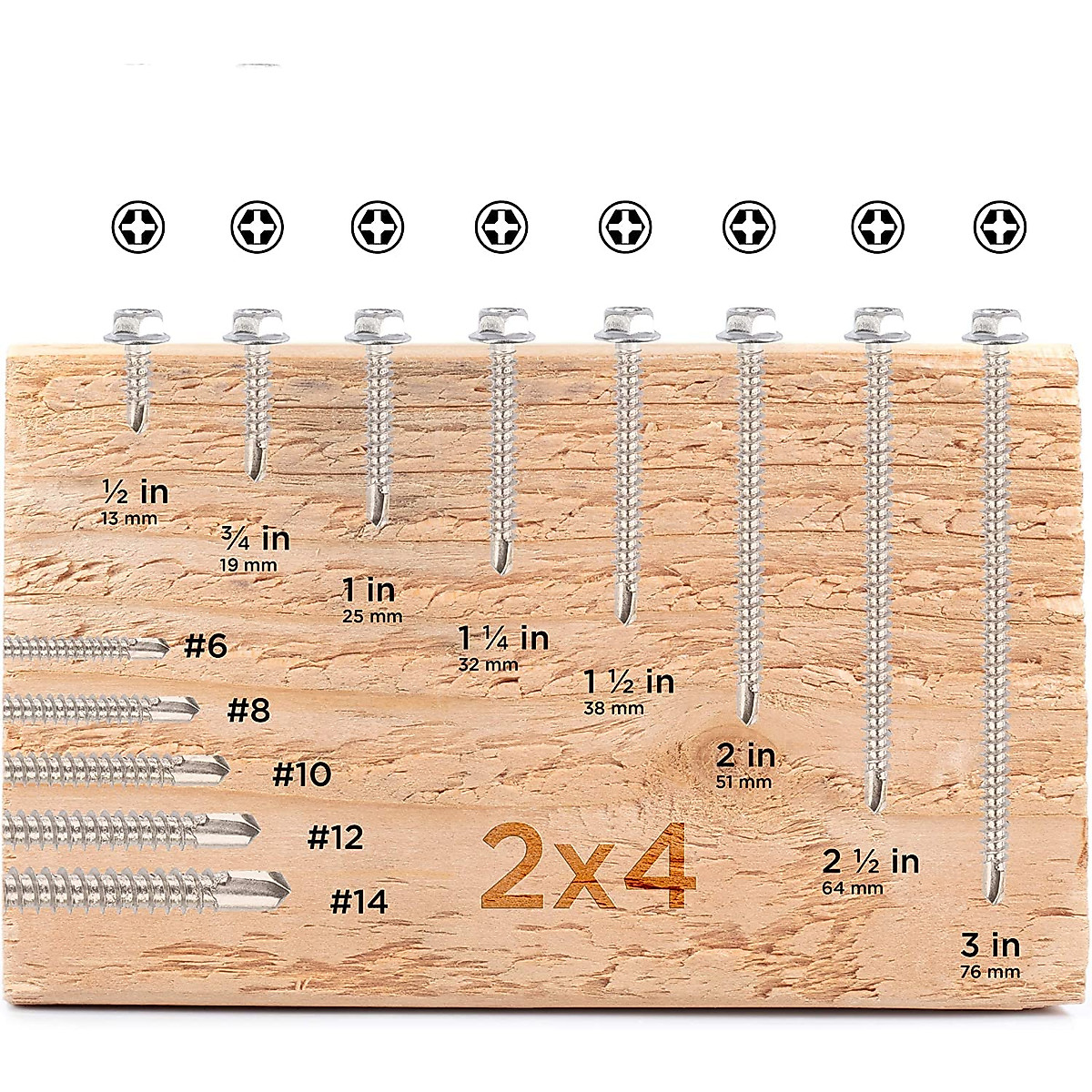 THE CIMPLE CO #8 Size, 1/2" Length (13mm) - Self Tapping/Drilling Screw - 410 Stainless Steel (Exceptional Wear and Very Corrosion Resistant) - Hex and Phillips Head - 100pcs