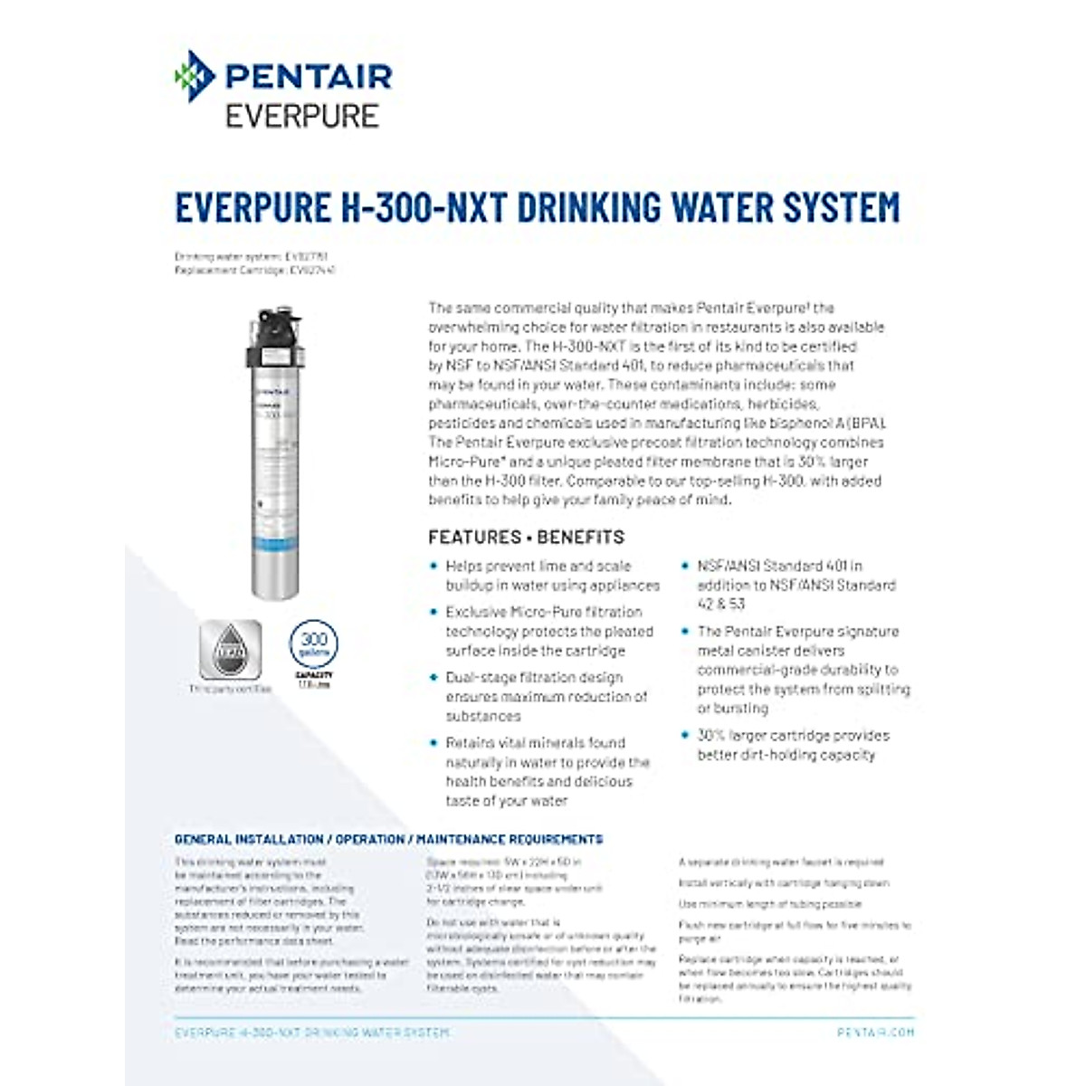 Pentair Everpure H-300-NXT Quick-Change Filter Cartridge, EV927441, For Use in Everpure H-300 Drinking Water Systems, 300 Gallon Capacity, 0.5 Micron