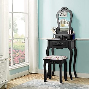 SPSUPE Vanity Table Set with Stool & Mirror, Multifunction Makeup Table Writing Desk with Drawers, Fan-Shaped Mirror & Cushioned Stool, for Home Bedroom Contemporary Dressing Table Desk, White