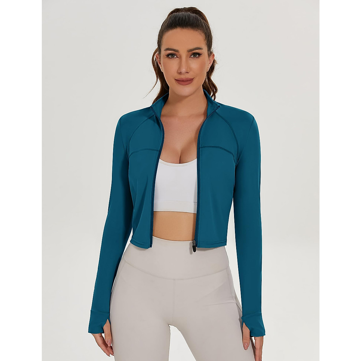 Ivicoer Women's Cropped Running Workout Jackets Lightweight Zip Slim Fit Athletic Tops with Thumb Holes Navy Blue, L