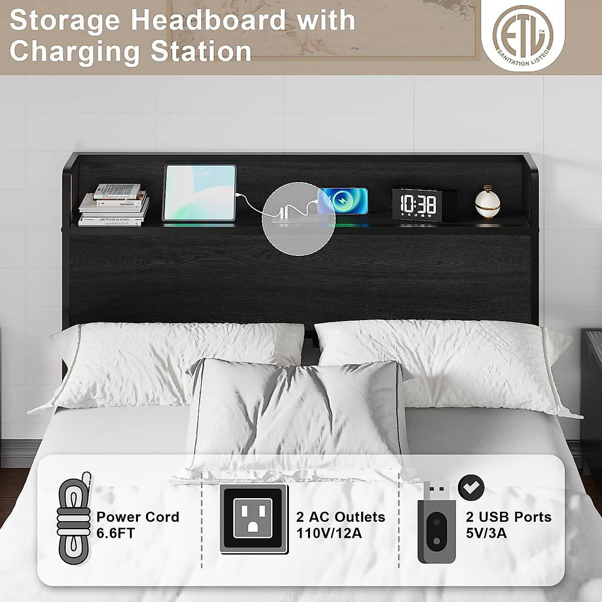 Amerlife Queen Size Lift Up Storage Bed Frame, Wooden Platform Bed Frame with Lifting Storage & Charging Station, No Spring Box Needed/Noise Free, Black