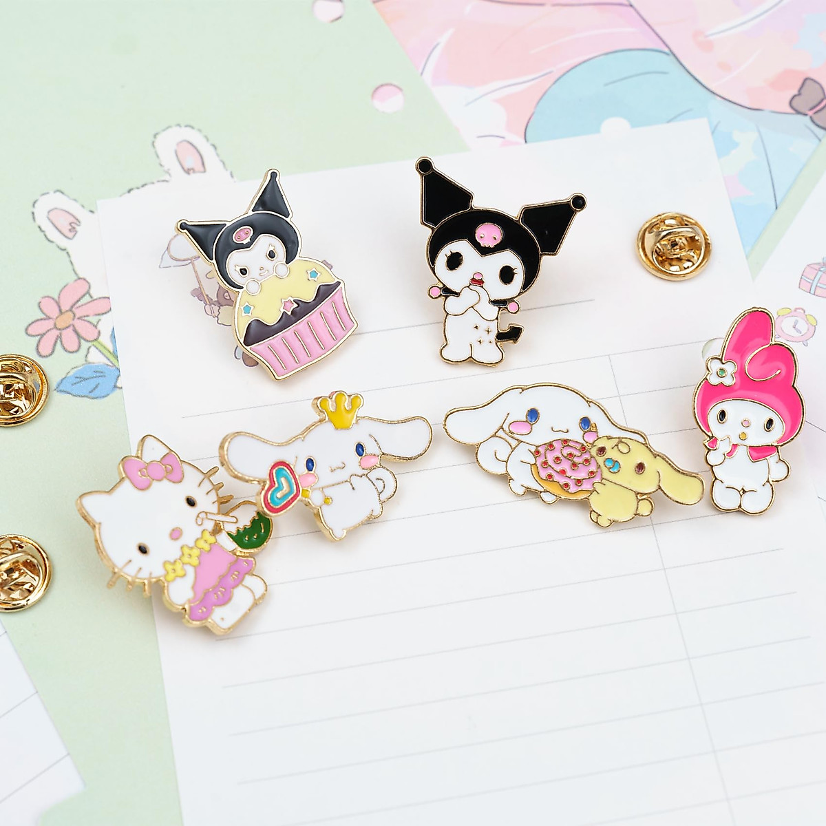 6 Pcs Anime Brooch Pins Melody Cat Enamel Pins for Backpacks Clothing Jackets Hats Kawaii Cartoon Decoration Gifts
