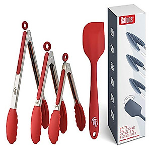 Kaluns Kitchen Tongs for Cooking, Non Stick Silicone Tip Stainless Steel Tongs, Set of Four 7,9, and 12 Inch Tong Plus Silicone Spatula Non-stick, Heat Resistant Serving Utensils