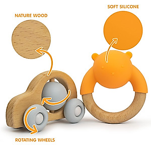 Wooden Baby Teething Toys Set of 2 (Car & Ring Shaker) - Food Grade Teether Ring and Rattle with Push Along Organic Car for Teething Relief and Endless Fun