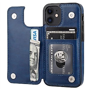 ONETOP Compatible with iPhone 12 Mini Wallet Case with Card Holder, PU Leather Kickstand Card Slots Case, Double Magnetic Clasp and Durable Shockproof Cover 5.4 Inch(Blue)