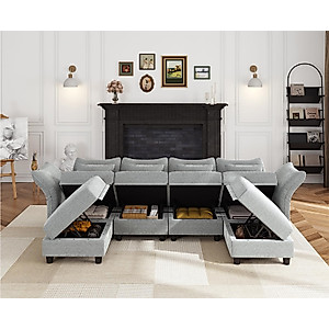 LLappuil Chenille U Shaped 6 Piece Sectional Sofa for Living Room Modular Sofa Sectional Couch with Reversible Chaise and Storage Ottoman, Grey