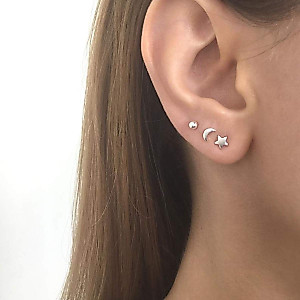 Bestwick Silver Stud Earrings for Women Girls Teenage, 3 Pairs 925 Sterling Silver Cute Round Ball Star Moon Stud Earrings, Hypoallergenic Small Cartilage Tragus Studs Earrings Set