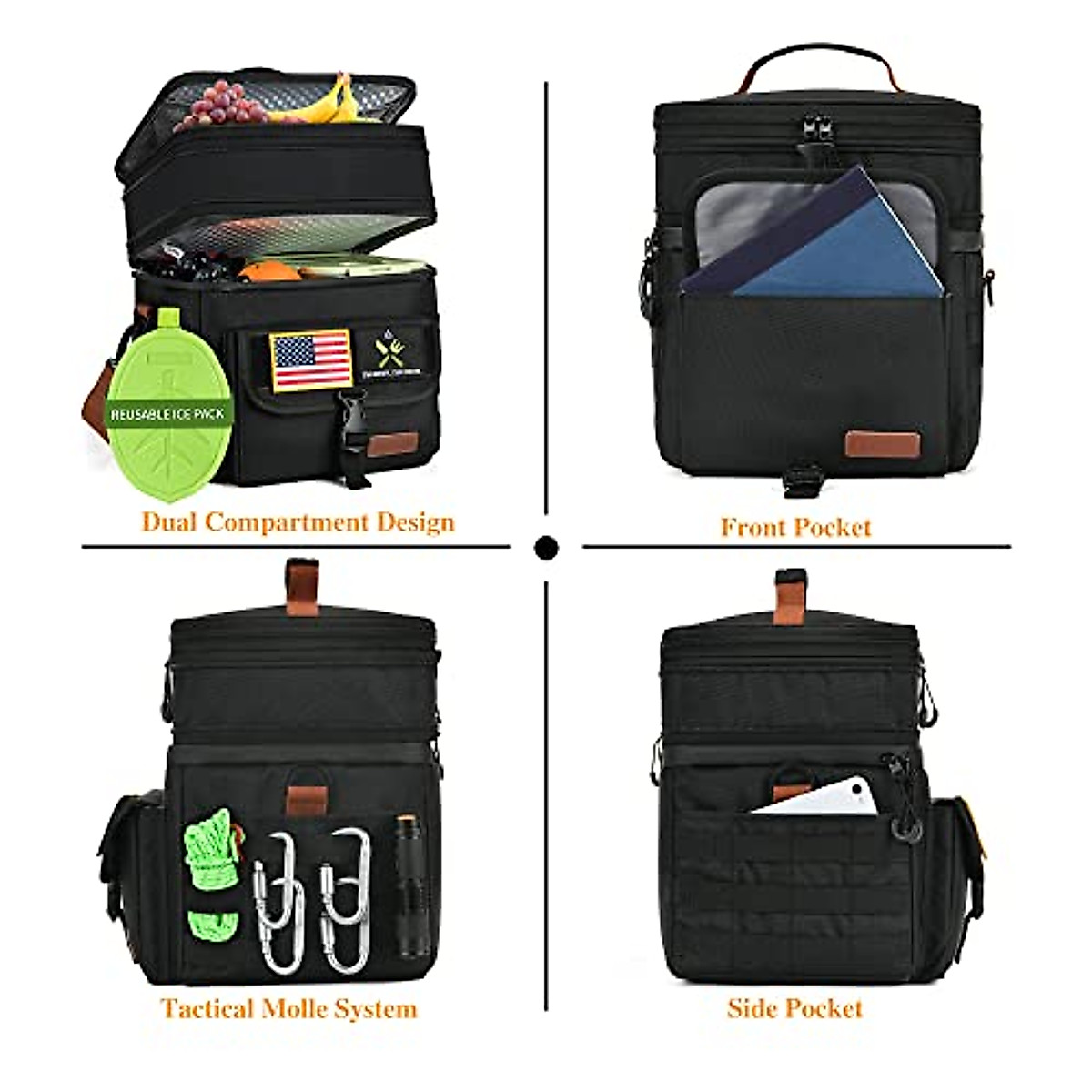 LOKASS Tactical Lunch Box for Men,16L, Double Deck Expandable Insulated Lunch box For Adults/Women Thermal Large Waterproof Leakproof Cooler Bag with Shoulder Strap,Black (Black)