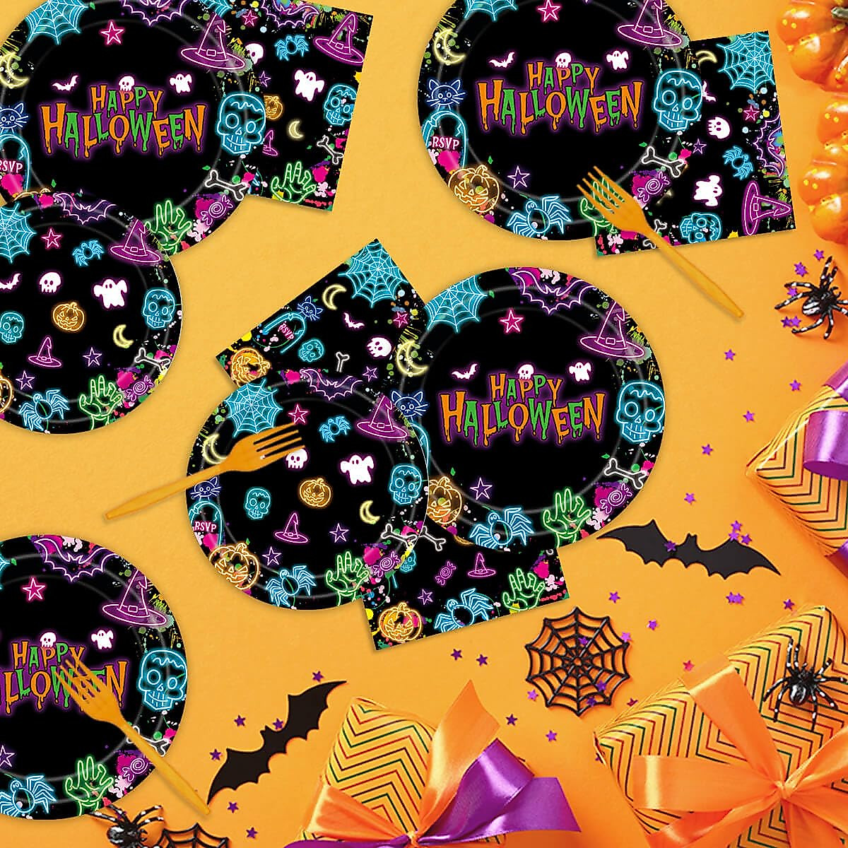 96 Pcs Neon Halloween Party Supplies for 24 Guests Spooky Costume Tableware Plates Napkins Glow Party Dinnerware Table Decorations Happy Halloween Party Favor for Kids Teen Adult