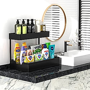 Under Sink Organizers and Storage, 2 Tier Sliding Shelf Bathroom Cabinet Organizer with Hooks, Hanging Cup, Multi-purpose Under Kitchen Sink Organizer, 1 Pack
