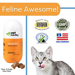 Vet Worthy Hairball Soft Chew for Cats Hairball Remedy for Cats for Digestive Aid and Hairball - Cat Supplement with Omega 3, Psyllium Husk, Brewers Yeast, Wild Alaskan Salmon Oil-45 Soft Chews