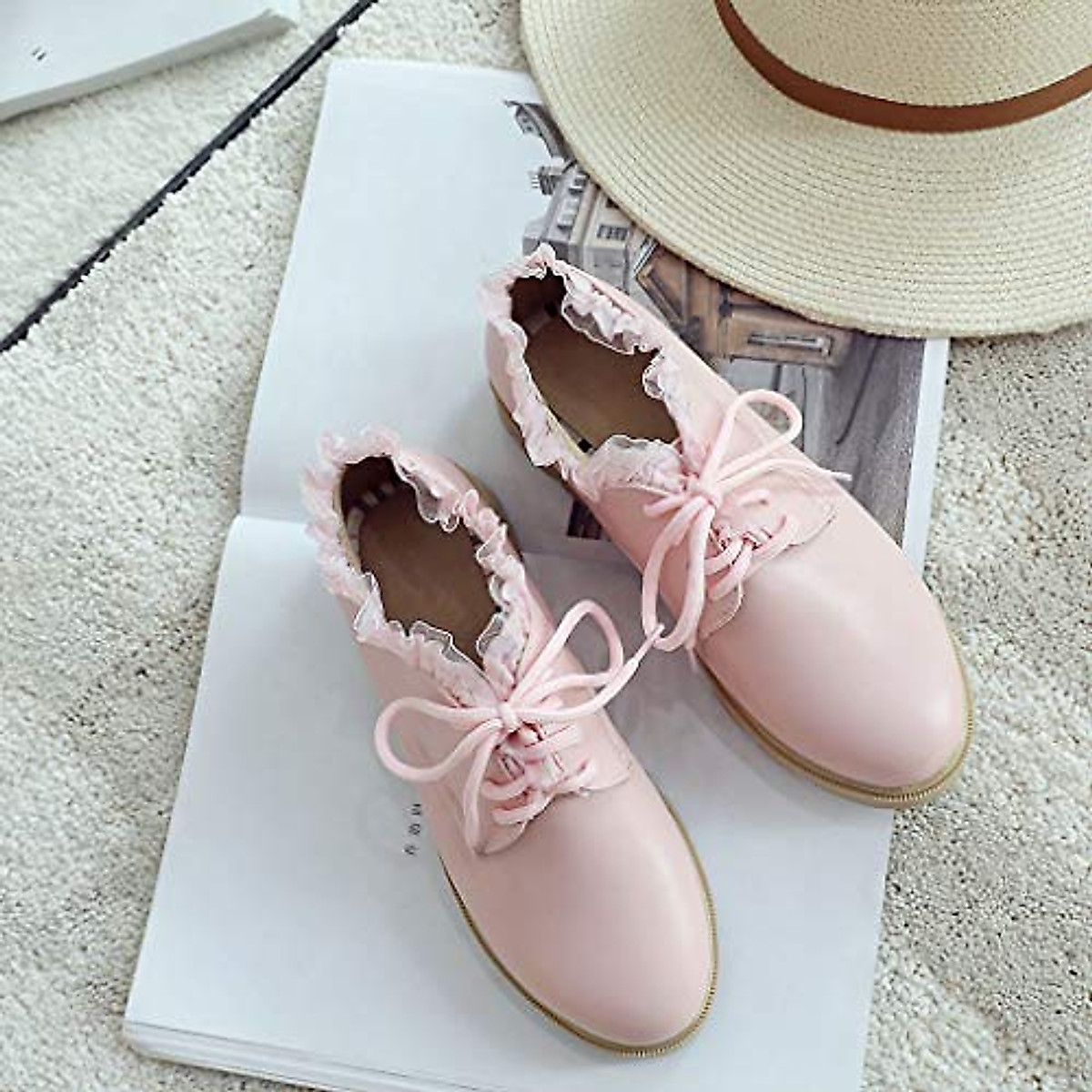 Fheaven Women's Casual Shoes Lace up Loafers Flat Platform Ankle Boots Round Toe Sneakers Shoes Pink
