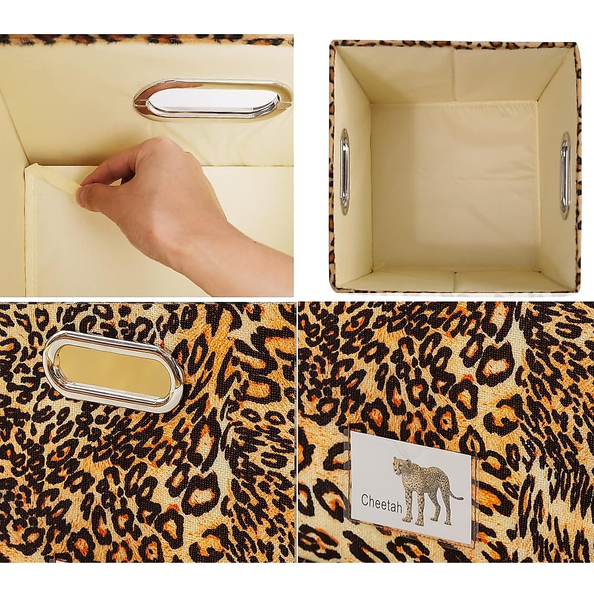 BeigeSwan Foldable Animal Leopard [Set of 4] Cube Storage Bins, Collapsible Fabric Organizer Container Boxes w/ Handles – 11 x 11 x 11 Inches