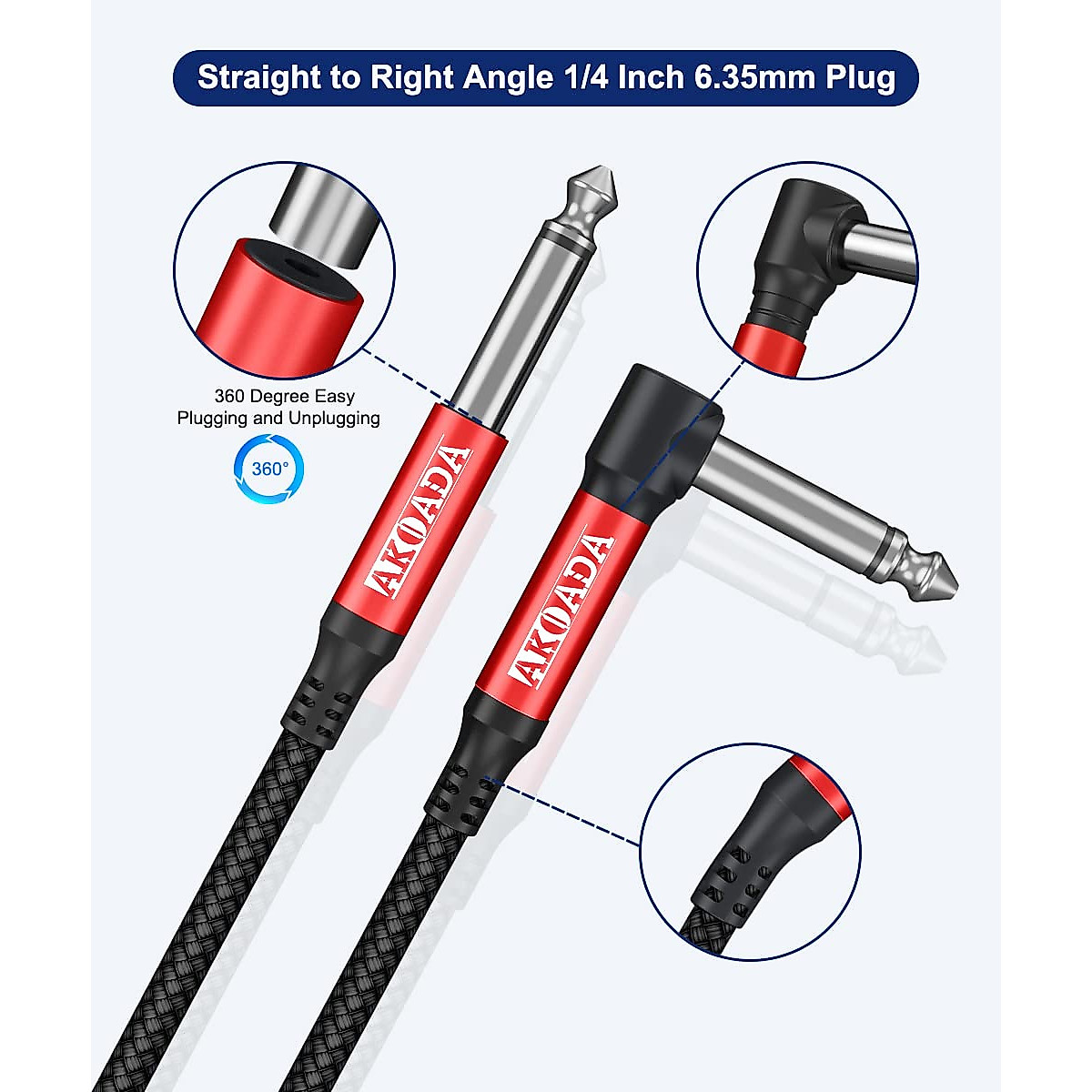 AkoaDa 1/4 Inch Instrument Cable TS Guitar Cable 10 ft 2Pack,Right Angle 6.35mm Male Jack Stereo Audio Electric Guitar Cord Bass AMP Cord for Electric Guitar, Bass Guitar, Pro Audio, Electric Mandolin