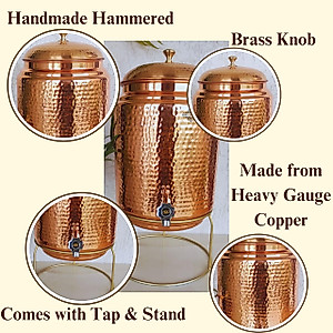 Indian Art Villa Pure Copper Hammered Design Joint Proof Water Pot/Dispenser/Container/Matka/Tank with Brass Stand, Tap & Knob, for Storage & Serving Water, Volume- 608 Oz