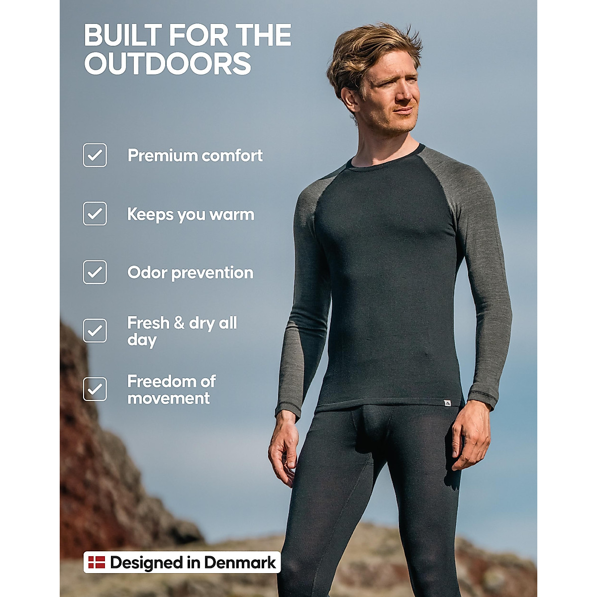 DANISH ENDURANCE Merino Wool Long Sleeve Base Layer Shirt for Men, Thermal Shirt Dark Grey