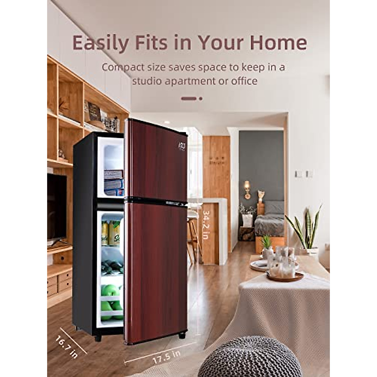 KRIB BLING 3.5 Cu.ft Retro Mini Fridge with Freezer - Compact Refrigerator for Home, Office, Dorm, or RV with Adjustable Mechanical Thermostat and 2-Door Design, Wood