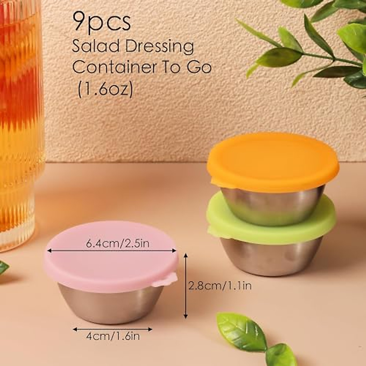 Moretoes 9pcs Salad Dressing Container To Go, Sauce Cups, 1.6oz Mini Condiment Containers with Lids for Bento Boxes and On-the-Go Meals（Rainbow - Colored