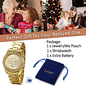 JewelryWe Luxury Mens Dress Watch, Stainless Steel Bling Rhinestones Accented Quartz Wrist Watches - Gold, for Xmas