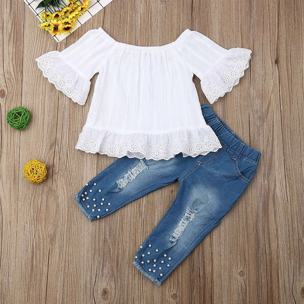Kids Toddler Baby Girl Pants Set Off Shoulder Short Puff Sleeve Lace T-Shirt Sweatshirt Tops with Pearl Ripped Jeans Clothes Outfit (White, 5-6 Years)