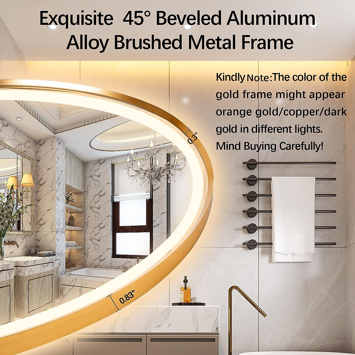 TheiaMo Oval LED Bathroom Mirror, 36"x24" Lighted Wall Mounted Vanity Mirror with Metal Frame, Anti-Fog IP66 Waterproof Smart Mirror, Memory Function,3000-6000K(Horizontal or Vertical), Gold