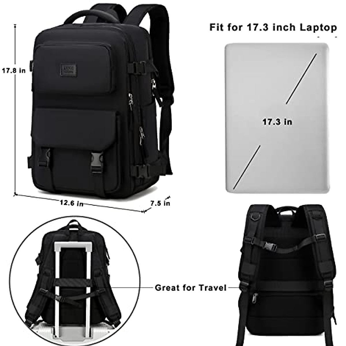 Travel Laptop Backpack, Business Work Backpacks Large College Bookbag for Women Men Water Resistant Daypack Airline Approved Gym Bag Fits 17 Inch Notebook & Laptops - Black