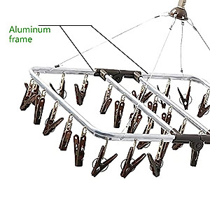 BYMYHO Clothes Drying Hanger with 32 Clips Space Saving Sock Dryer Ultra-Light Aluminum Frame Underwear Drying Rack for Washing, Small Clothes, Mask, Towels, Baby Clothes, Cloth Diaper (Brown)