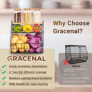 3 Tier Fruit Basket for Kitchen with Bamboo Cutting Board, Pantry Kitchen Organizers and Storage, 2 Set Stackable Wire Wall Basket, Onion Potato Vegetable Storage for Countertop Floor Cabinet Shelf