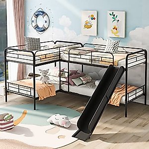 Merax Metal L-Shaped Bunk Bed with Slide and Ladder