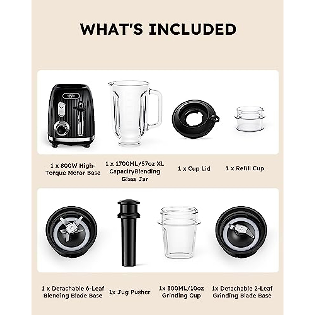 Sangcon 800W Blender for Shakes and Smoothies with 57 Oz Glass Jar & 10 Oz Grinding Cup, Smoothie Blenders and Food Processor Combo for Kitchen with 2 Speeds + Pulse, 6 Fins Blade & Grinding Blade