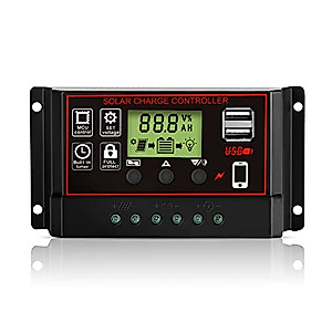 WERCHTAY 60A Solar Charge Controller 12v/ 24v PWM Solar Panel Charge Controller Intelligent Regulator with 5v Dual USB Port Display Adjustable Parameter LCD Display and Timer Setting ON/Off Hours