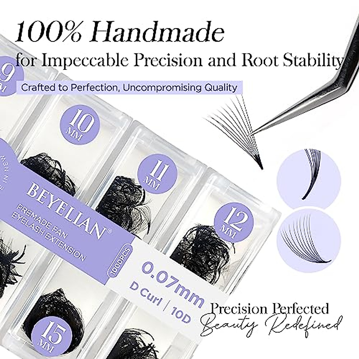 1000 Fans Premade Fans Eyelash Extensions BEYELIAN 0.07mm 10D D Curl Volume Lash Extensions Pre Made Fans Lash Extensions Handmade Promade Loose Fans Thin Base 9-16mm Mixed