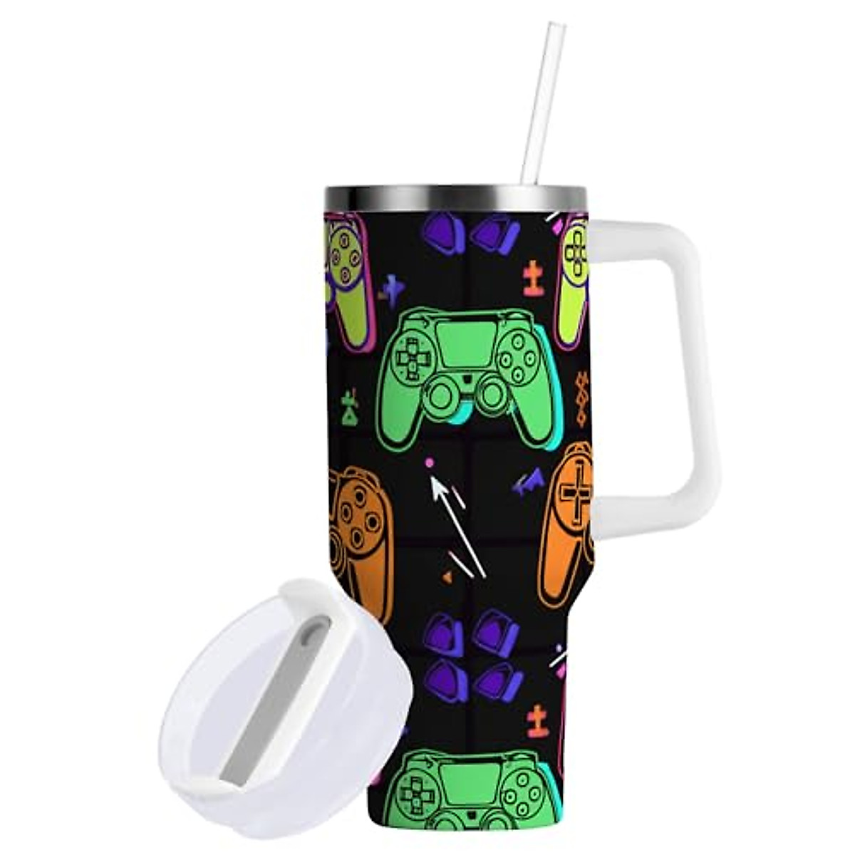 ODAWA 40oz Fall Insulated Tumbler with Straw and Handle, Game Controllers Black Spill Proof Tumbler with Straw Insulated Vacuum Tumbler