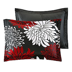 Comfort Spaces Enya Comforter Set-Modern Floral Design All Season Down Alternative Bedding, Matching Shams, Bedskirt, Decorative Pillows, Queen(90"x90"), Red/Black