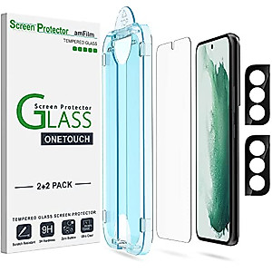 amFilm OneTouch Screen Protector for Samsung Galaxy S22 5G 6.1 Inch, 9H Hardness with Camera Lens Protector, Easiest to Installation and Bubble Free, Tempered Glass, 2 Pack